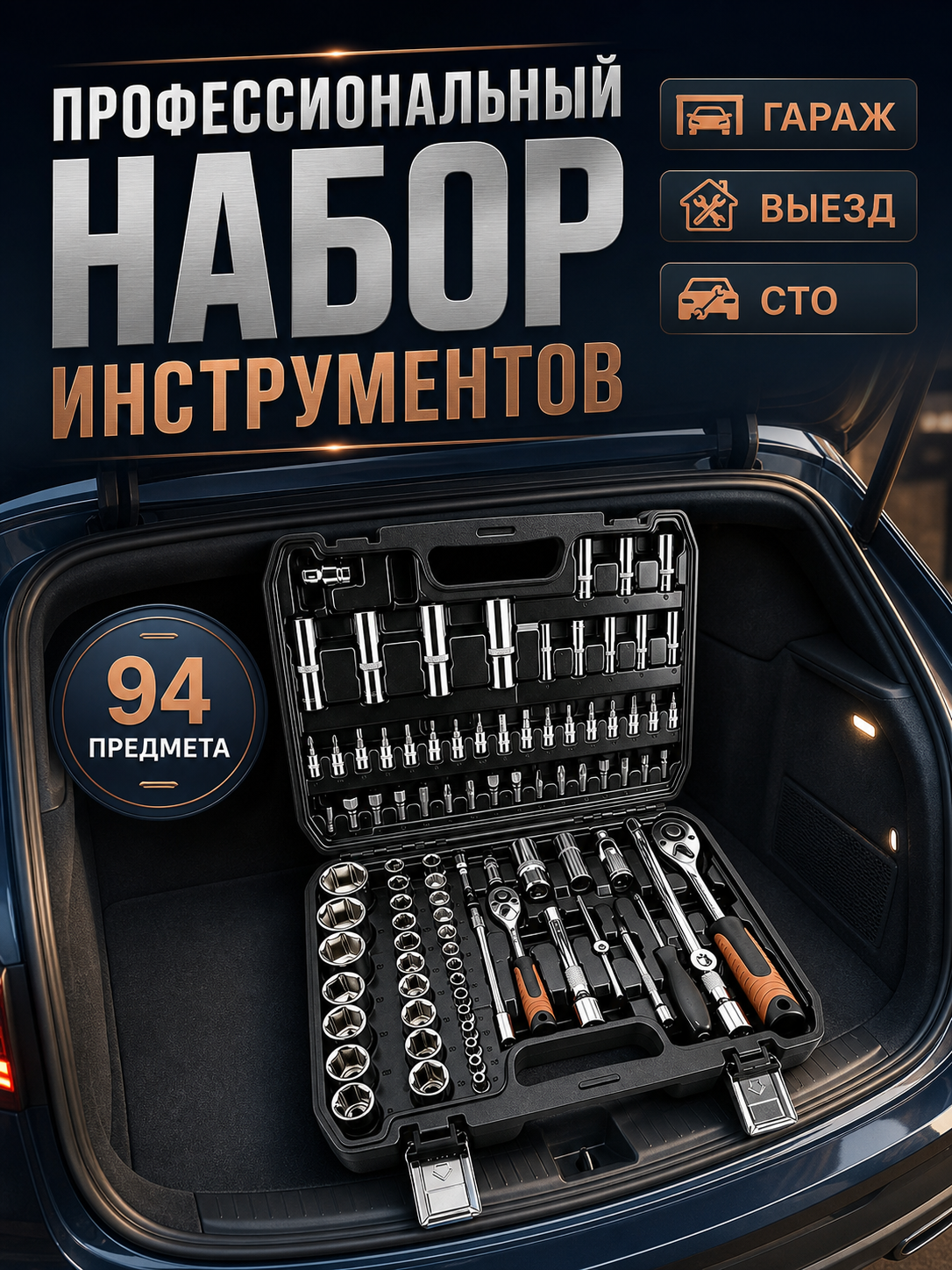 Набор инструментов 94 предмета в кейсе: трещотка, торцевые головки, биты, ключи для ремонта авто и дома.