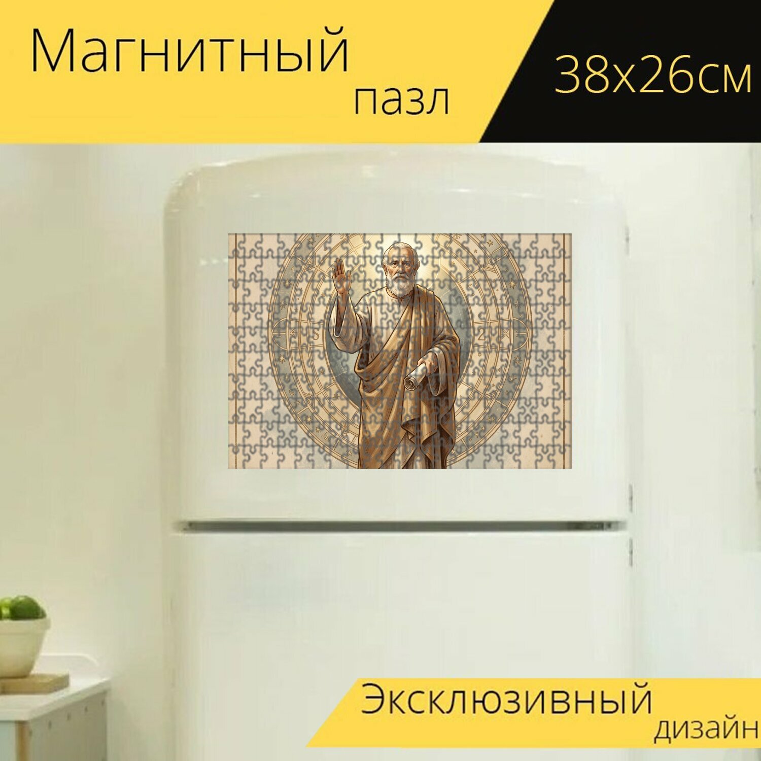 Магнитный пазл "Старец с небесным кругом. Мудрый пожилой мужчина в светлом одеянии с воздетой рукой и свитком, на фоне знаков зодиака, звёзд и золотого." для интерьера, 38х26 см.