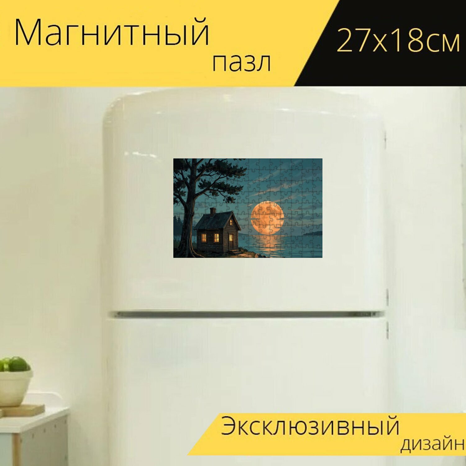 Магнитный пазл "Дом у озера под луной. Уютный деревянный коттедж на берегу спокойной водной глади, высокая сосна, скалы и огромный золотой месяц над." на холодильник 27 x 18 см.