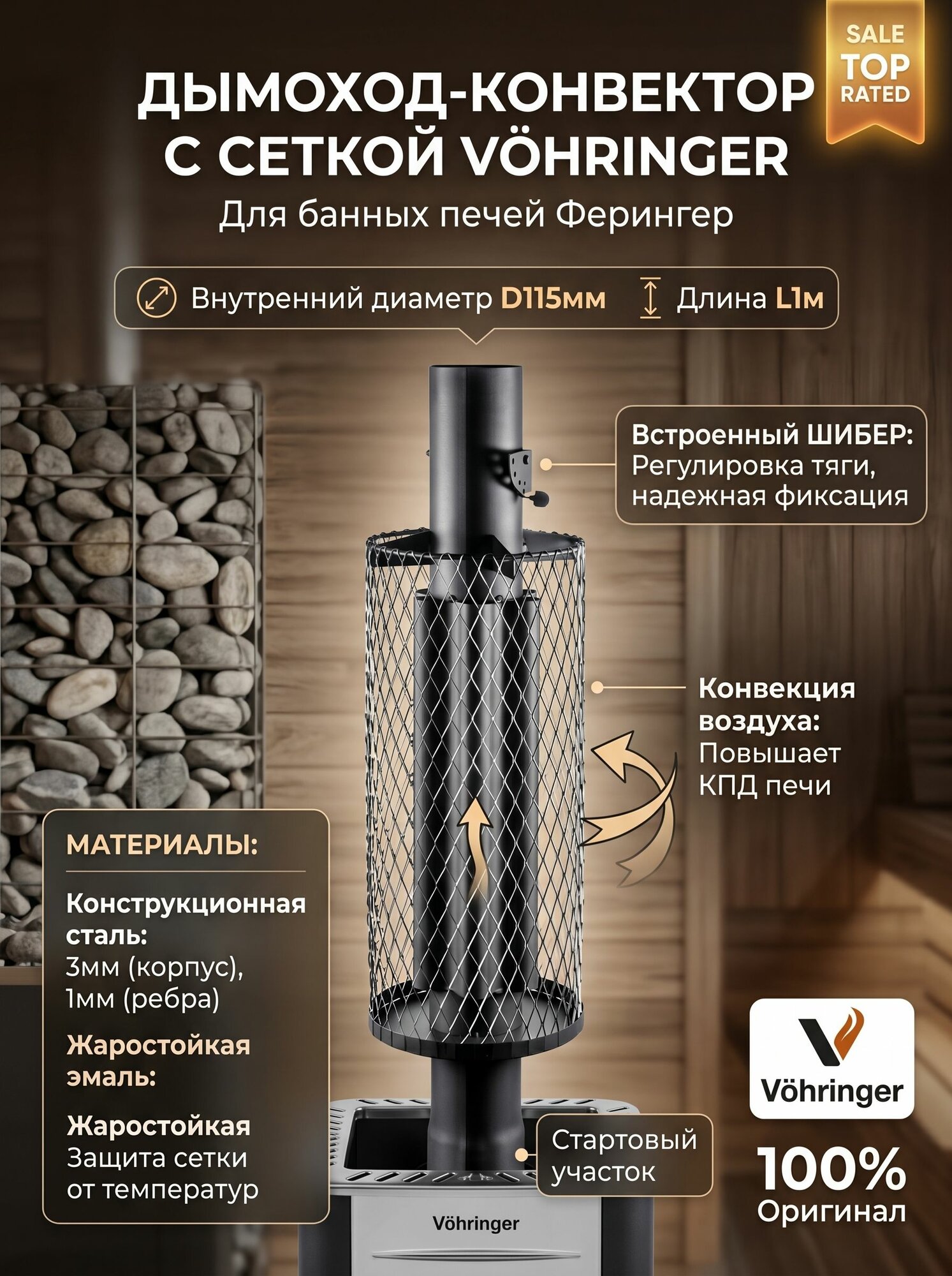 Дымоход - конвектор с сеткой, D115мм, L1м, (Чёрный) (Ферингер)