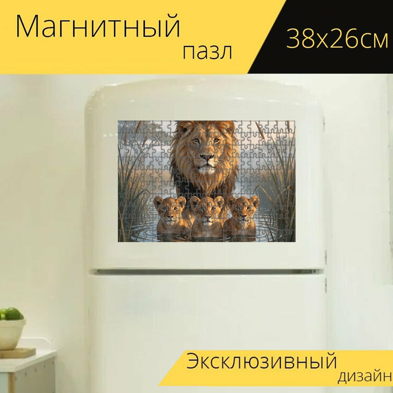 Магнитный пазл "Львиная семья в туманной саванне. Мягкая цифровая иллюстрация: гордый самец и три детёныша среди воды и камыша, золотисто-бежевые тона." для интерьера, 38х26 см.