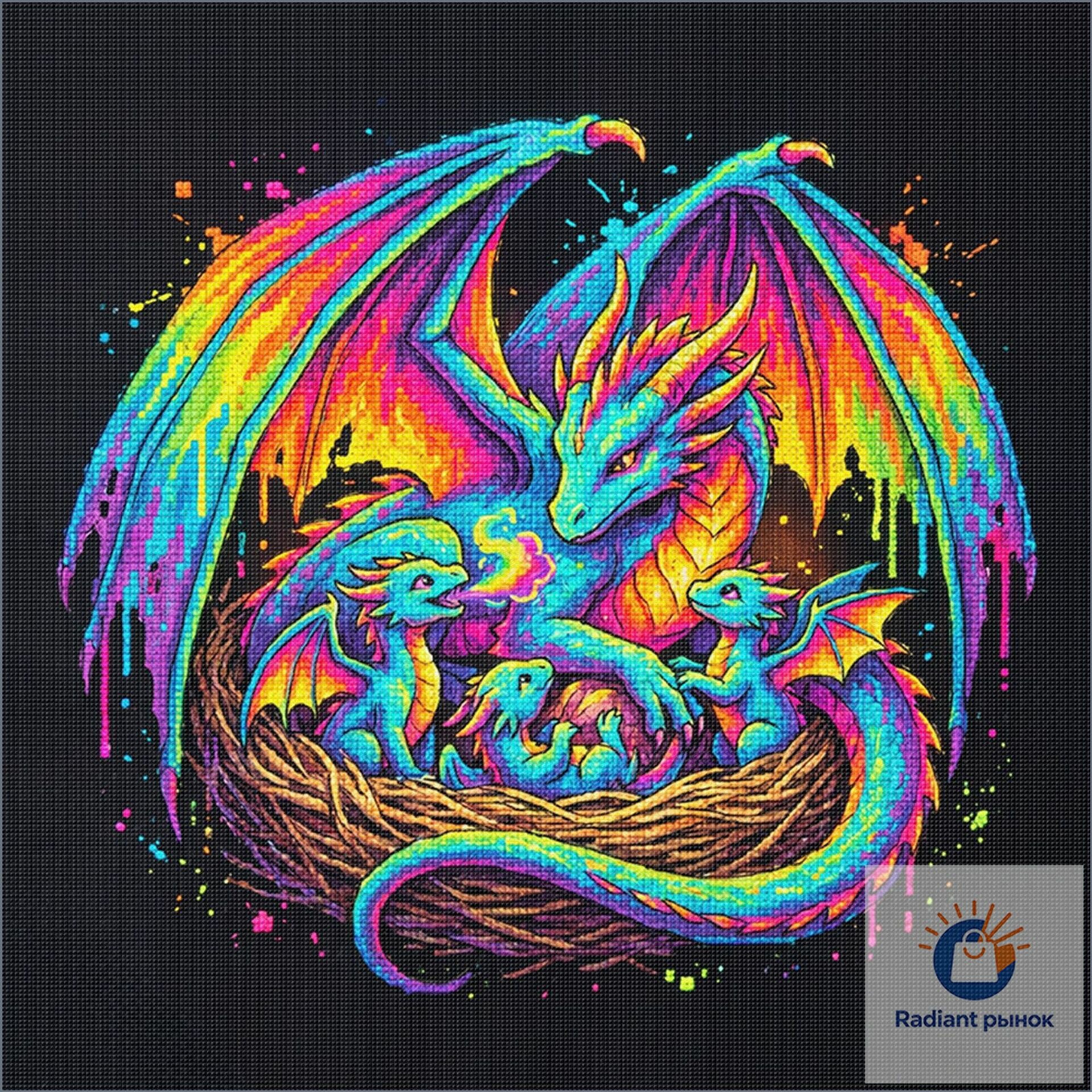 Крестиковый набор Dragon Family с животными на хлопковой канве 14CT, 30 30 см