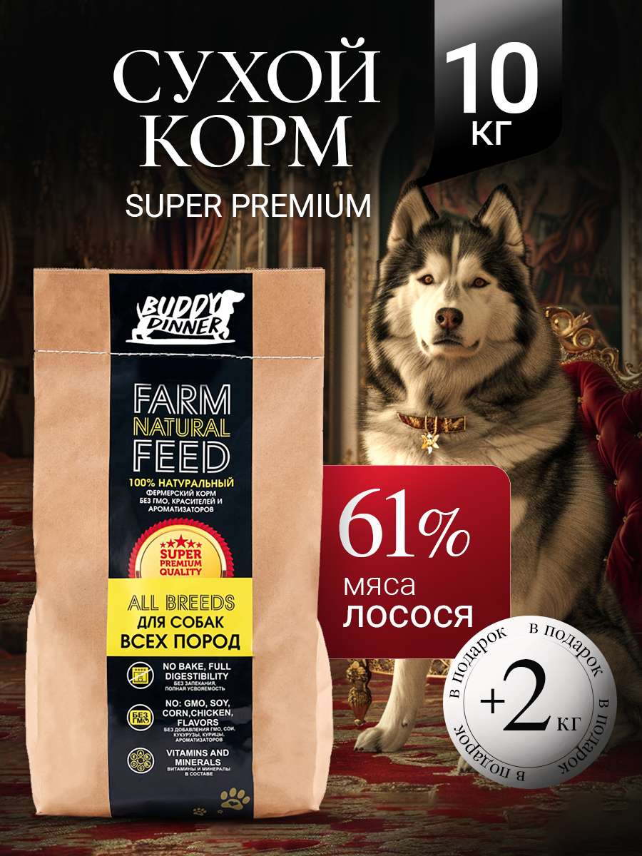 Сухой корм для собак средних и крупных пород Buddy Dinner с лососем 10 кг + 2 кг в подарок