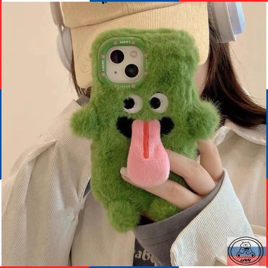 Чехол для iPhone 17 пушистый 3D монстр, зеленый смешной, с длинным языком