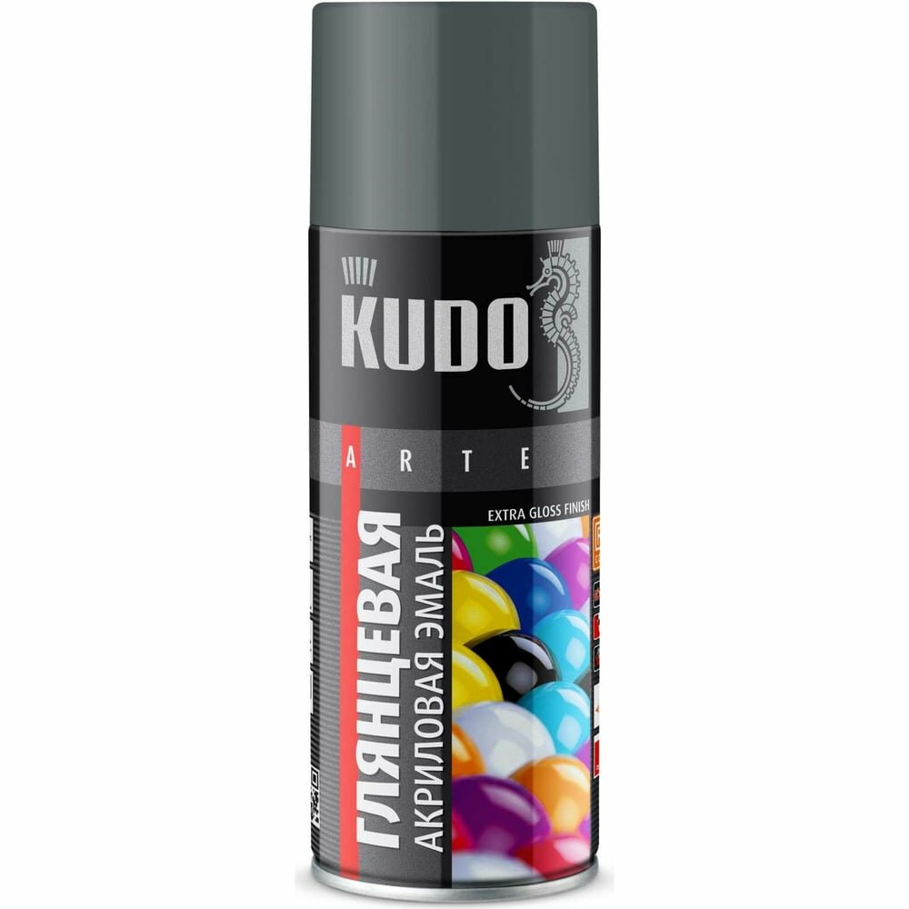 Аэрозольная краска в баллончике KUDO быстросохнущая акриловая универсальная глянцевая RAL 7012 тёмно-серая KU-A7012