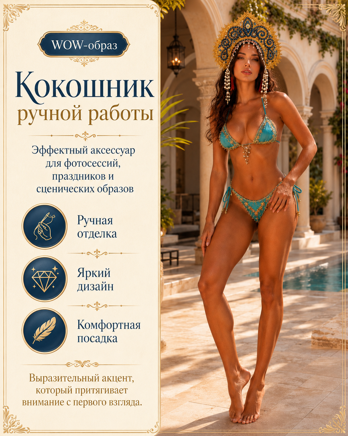 Кокошник женский ручной работы синий с золотым декором для фотосессии и сцены