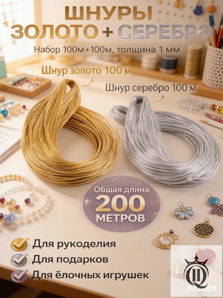 Набор шнуров для рукоделия 1 мм золото и серебро, 200 м