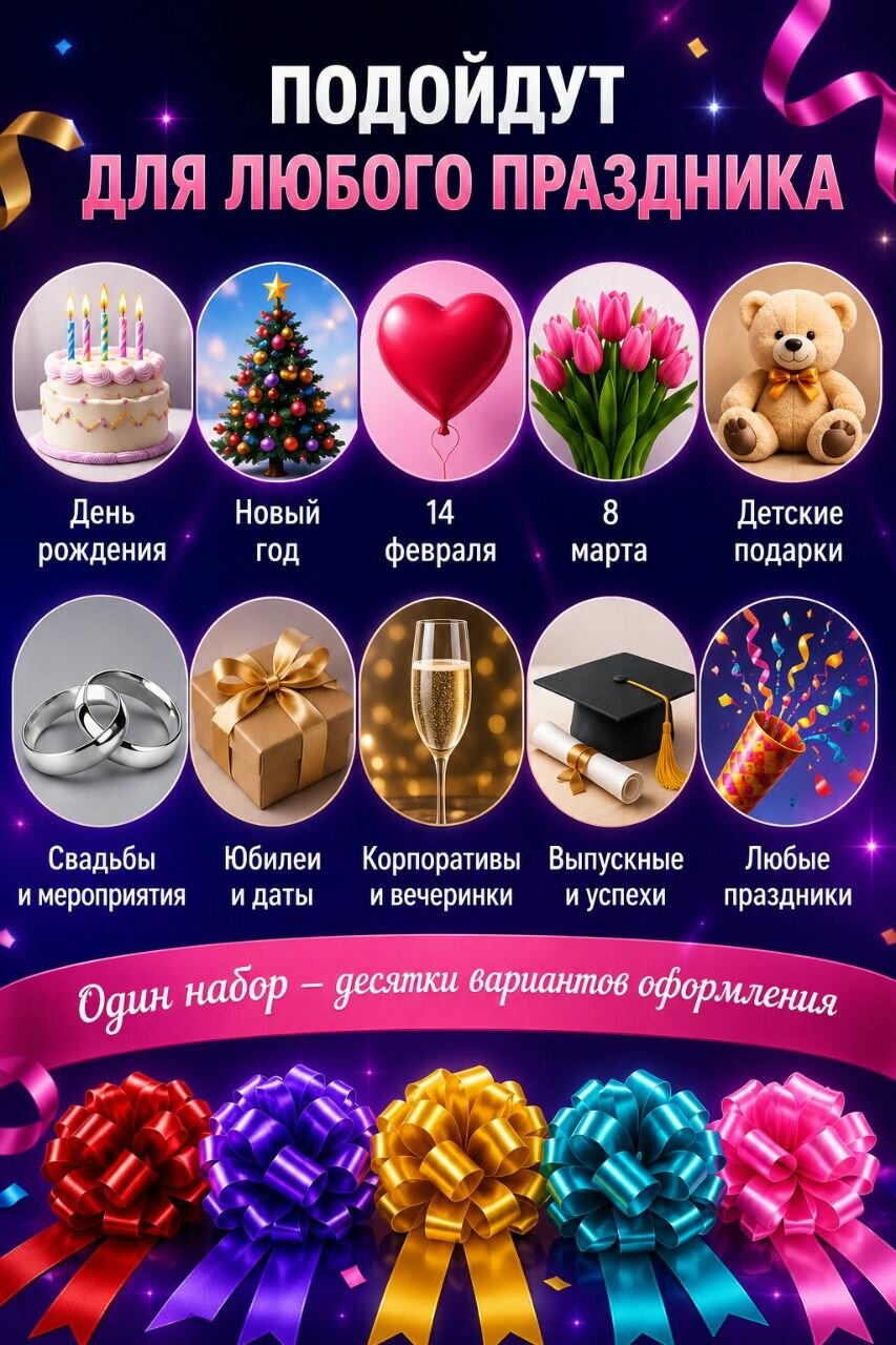 Бант для подарка набор 5 шт. средний, для упаковки, 11 см. — фото 1