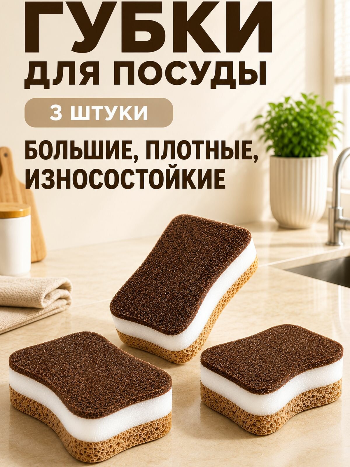 Губки для мытья посуды, большие, коричневые, 3 штуки.