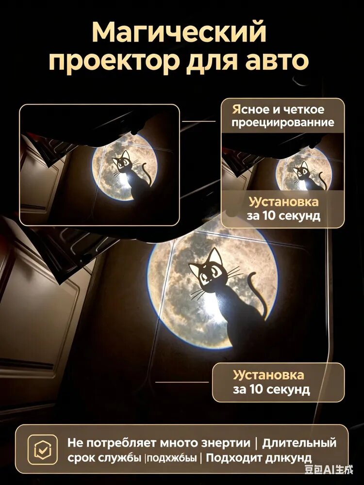 Проектор в дверь автомобиля беспроводной, светодиодная подсветка салона авто с датчиком света и проекцией "Черный котик на луне", универсальный тюнинг аксессуар, 1 шт.