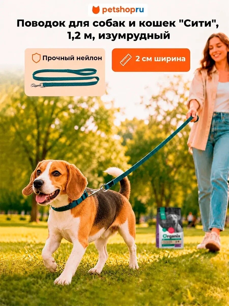 Yami Yami амуниция Поводок "Сити" для собак, изумрудный, 1.2 м