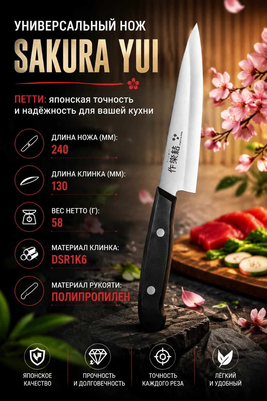 Нож Shimomura Sakura Yui, кухонный, универсальный, нержавеющая сталь, ABS-пластик, 125мм