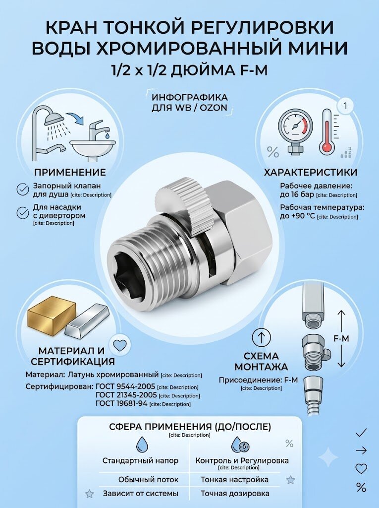 Кран тонкой регулировки воды хромированный мини 1/2 х 1/2 дюйма F-M