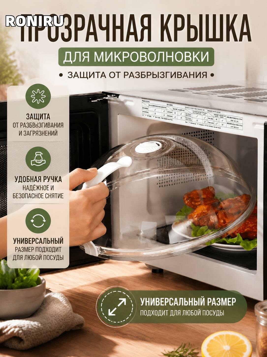 Прозрачная крышка для микроволновки защита от разбрызгивания с удобной ручкой, пластик, универсальный размер на кухню
