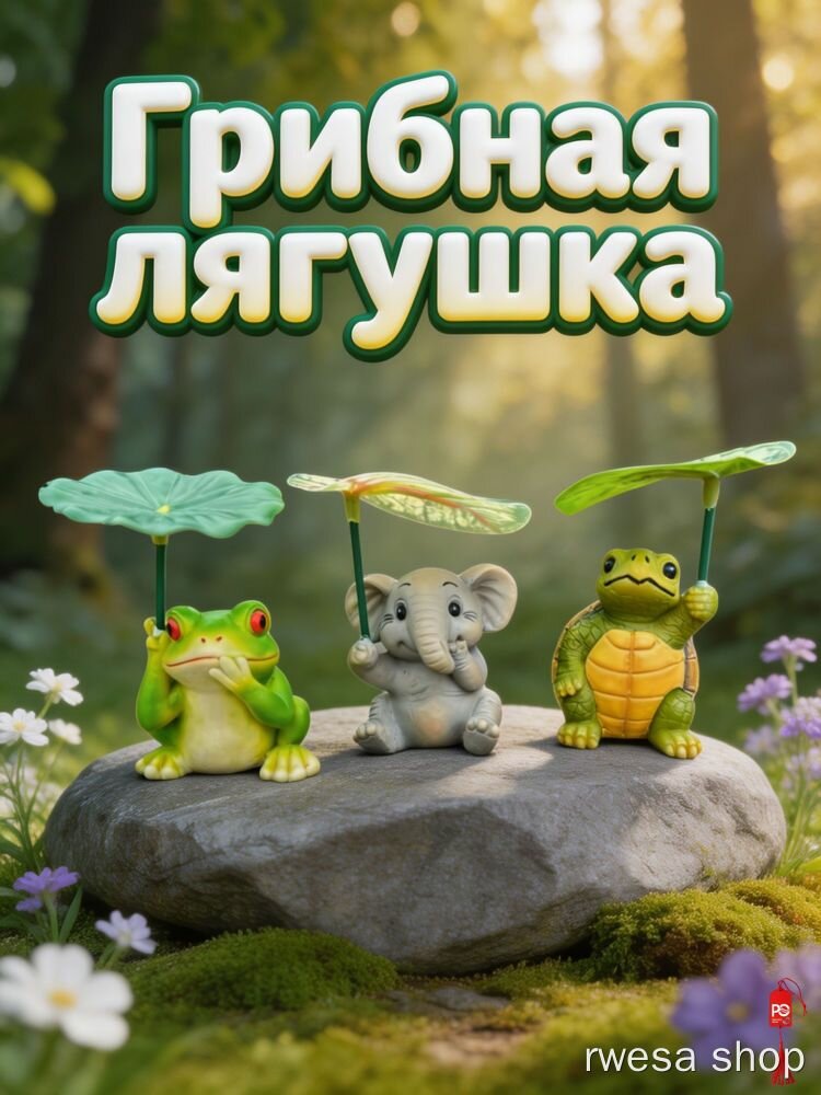 Грибная лягушка figurka rwesa shop - набор из 3 фигурок (лягушка, слоненок, черепаха) с зонтами для дома и подарка