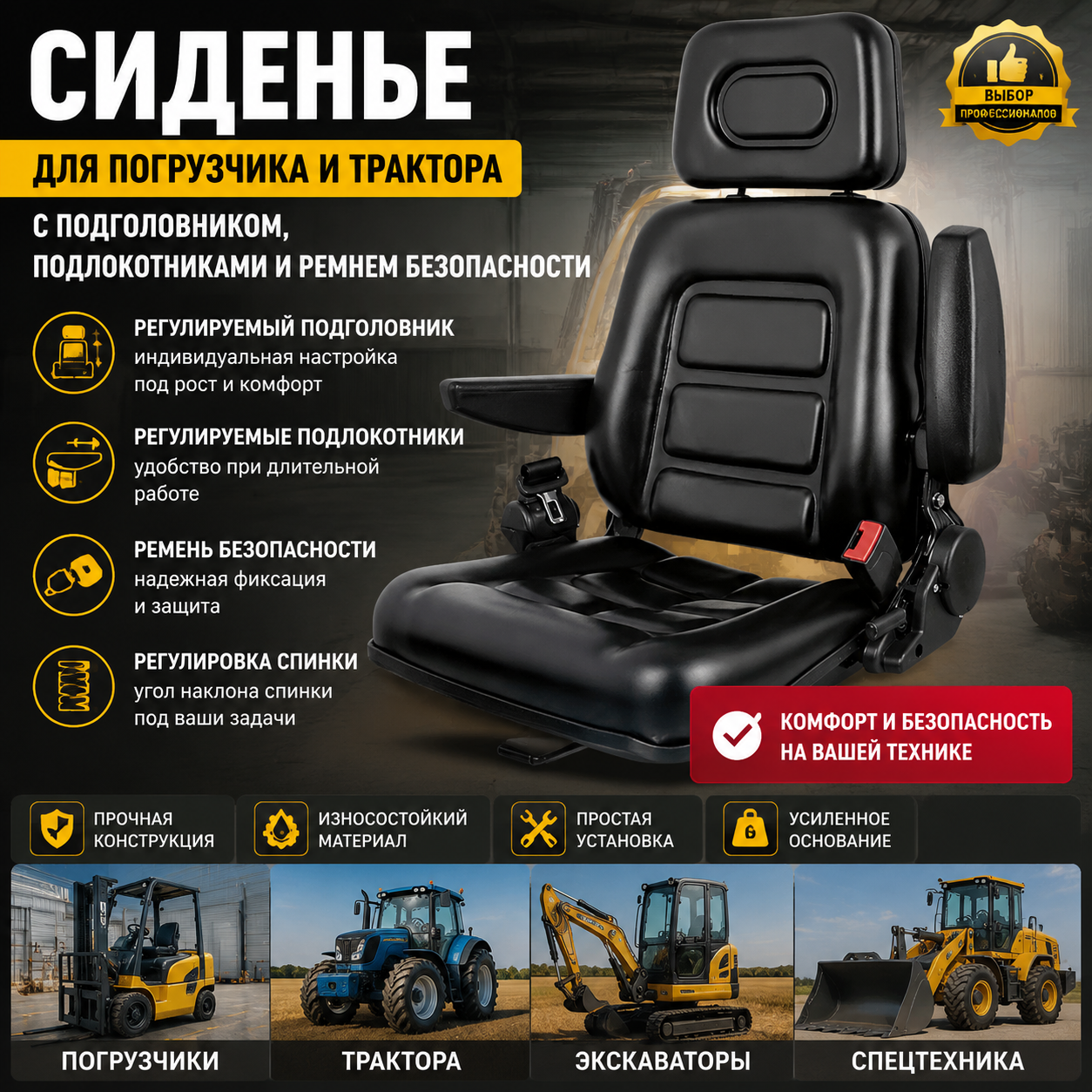 Сиденье для погрузчика трактора с подголовником подлокотниками ремнем безопасности