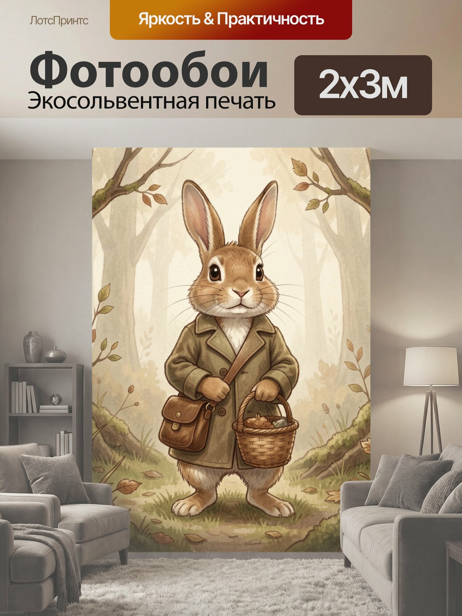 Фотообои "Кролик в лесу с корзинкой. Очаровательный зайчонок в плаще и с сумкой стоит на тропинке среди деревьев. Сказочная акварельная." 200x300 см. экосольвентная печать