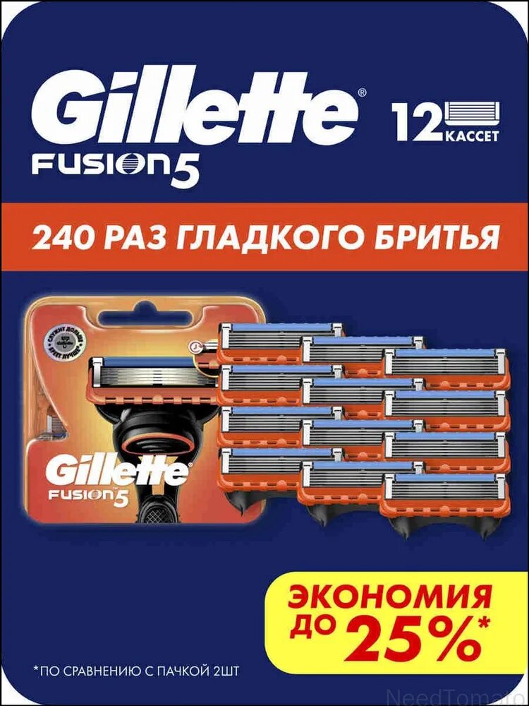 Картриджи для мужского бритвенного станка Gillette Fusion5, 12 штук, оснащенные пятью лезвиями и прецизионным триммером для зон, которые трудно обработать