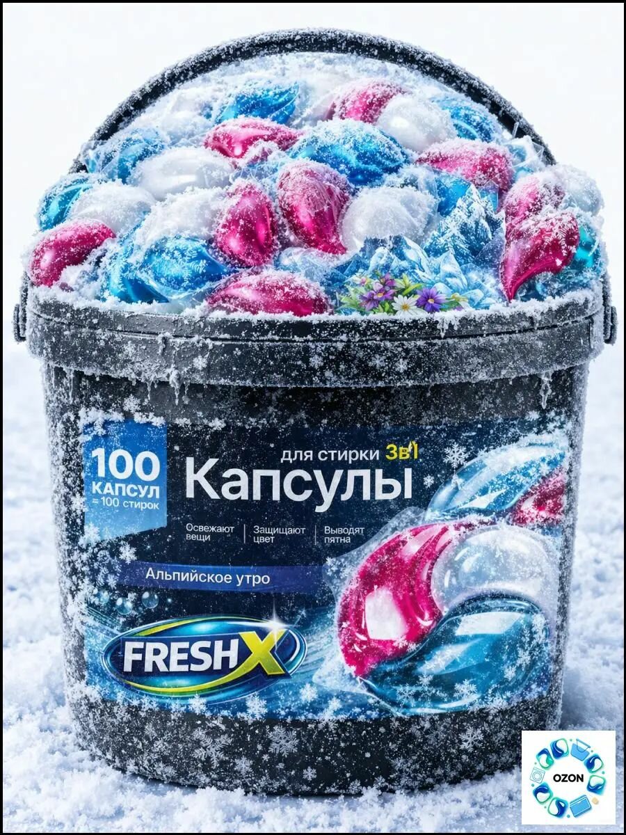 Капсулы для стирки белья FRESH X, 3в1, Альпийское Утро, 100 штук, с кондиционером