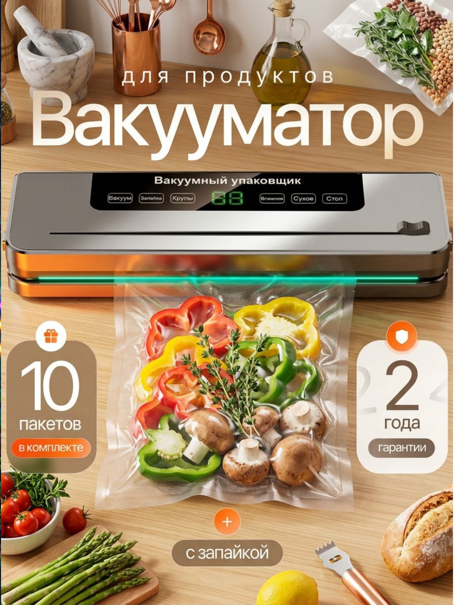 Вакууматор с резаком для пакетов, 60кПа, 10 пакетов в комплекте