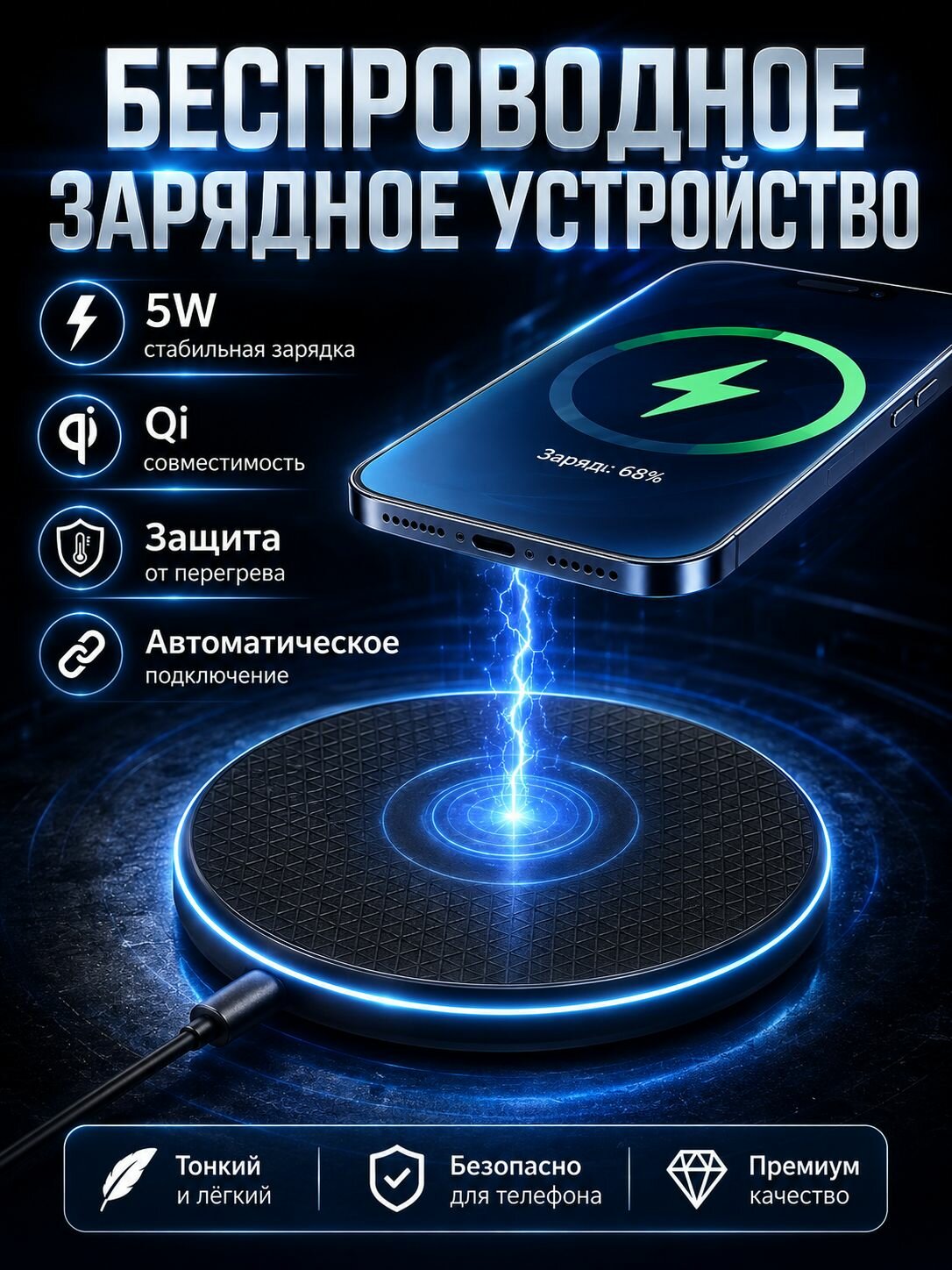 Беспроводное зарядное устройство для телефона 5 Вт, Qi зарядка круглая черная, зарядная подставка для iPhone, Android и AirPods Pro