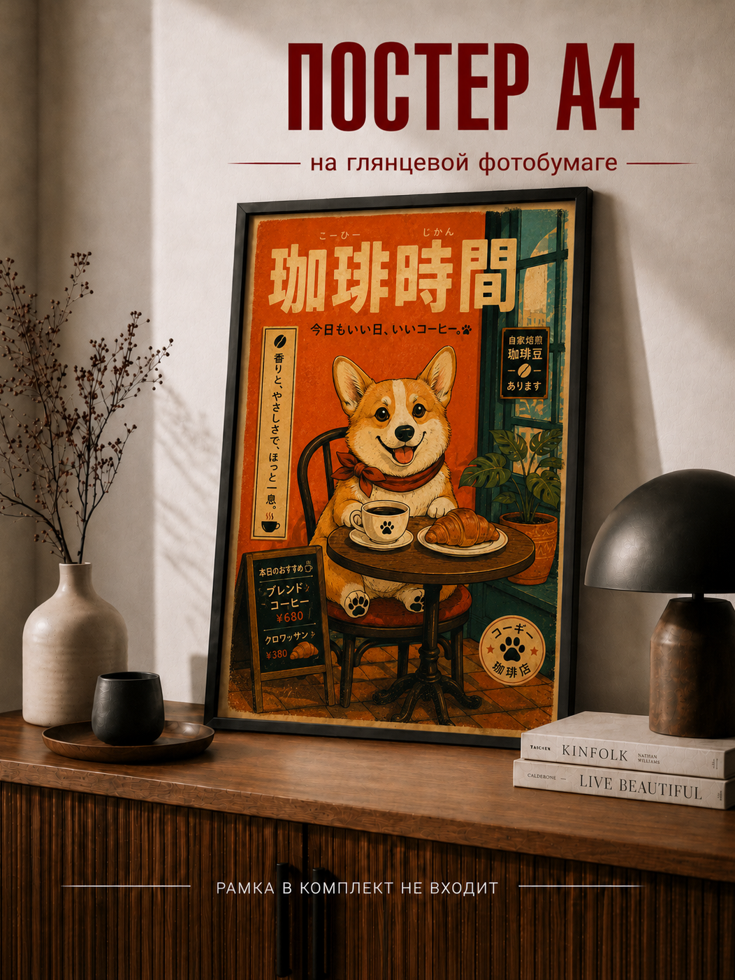 Постер А4 "Кофе с корги", корги в кафе с кофе, интерьерный плакат для кухни и кофейни