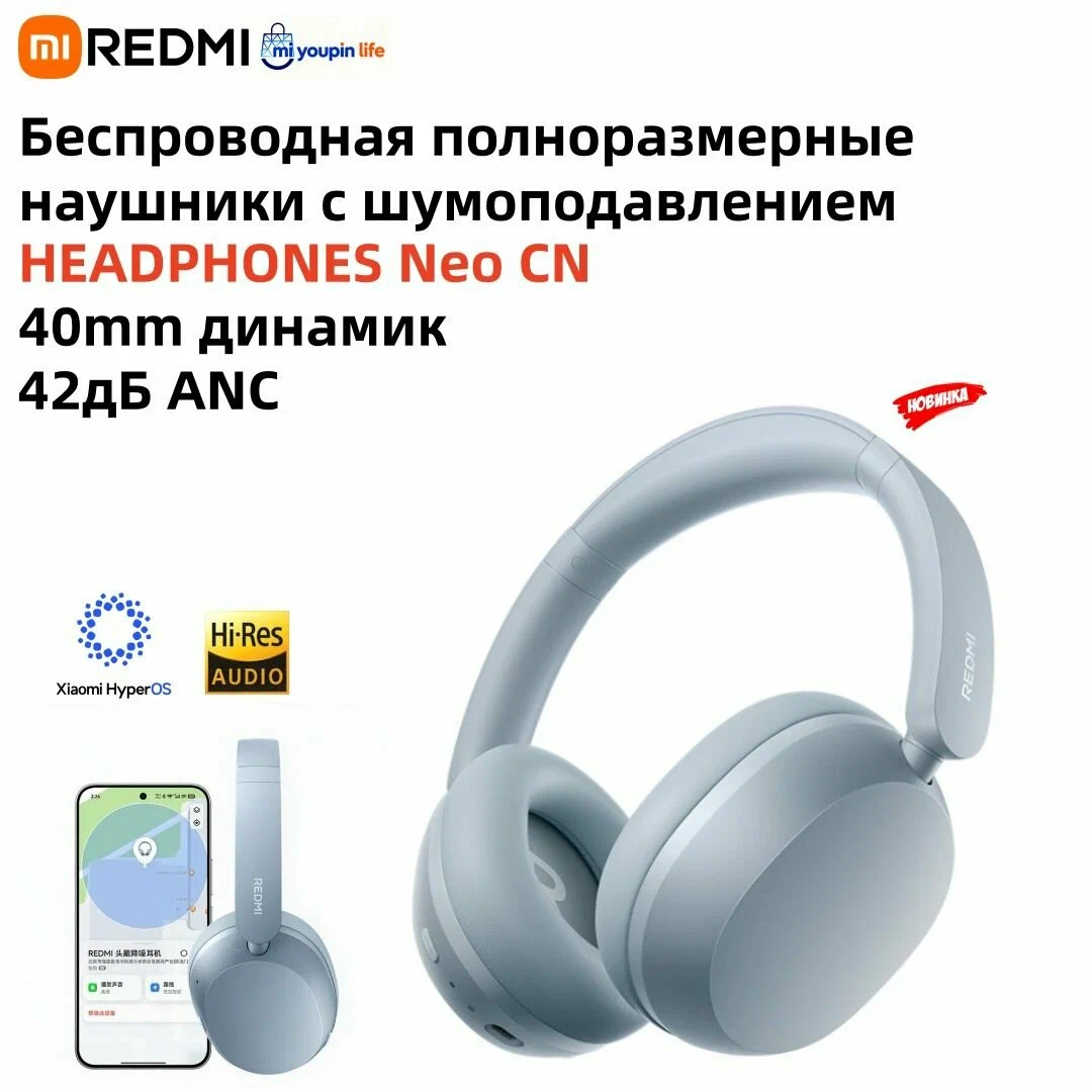 Беспроводные проводные наушники Xiaomi Redmi Headphones Neo BHR08W5GL, Bluetooth, активное AI-шумоподавление, голубой