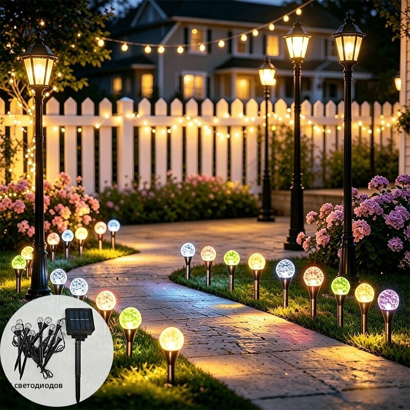 Солнечные садовые светильники 10 LED с кристальными шарами, декоративные, 8 режимов цветного свечения, холодные разноцветные, автоматическое включение/выключение, с датчиком затемнения, для дорожек, газона, кемпинга, свадеб и вечеринок