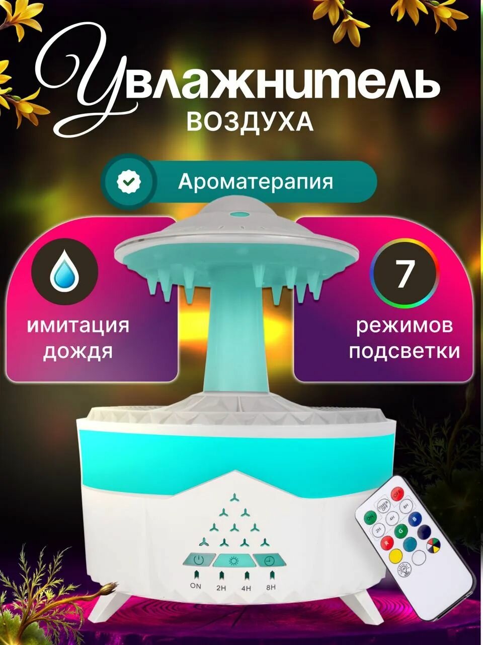 Увлажнитель воздуха Гриб с эффектом дождя / Аромадиффузор / Ночник с многоцветной подсветкой
