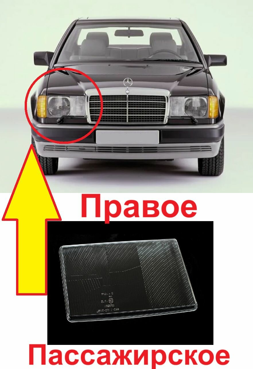 Стекло фары Mercedes W124 1985-1993 правое без рамки, до рестайлинга