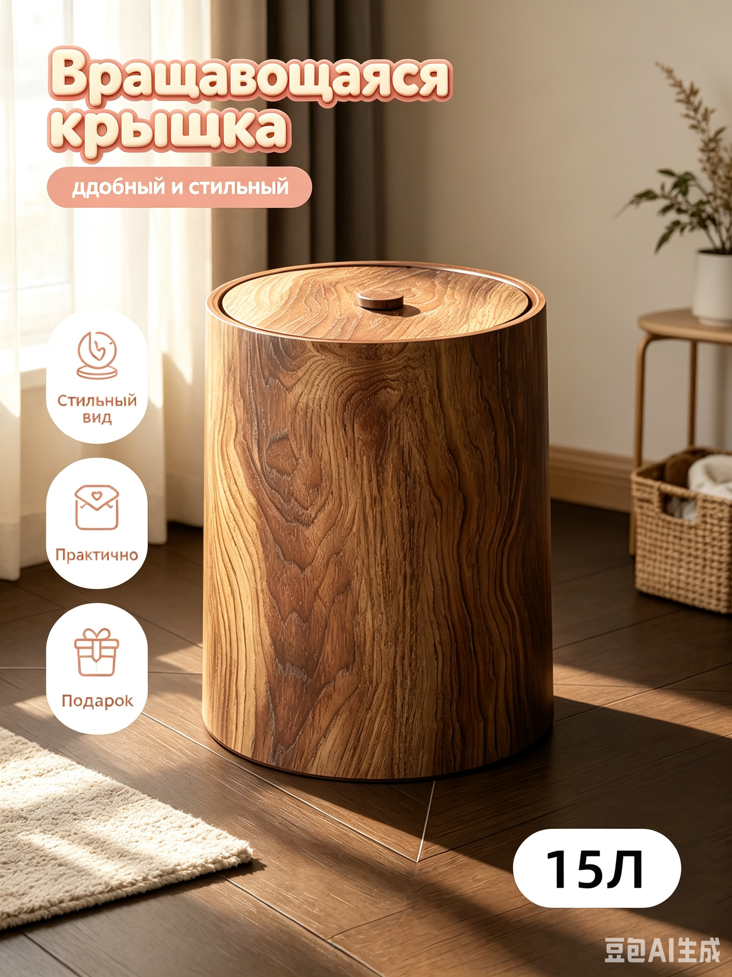 Мусорное ведро 15л деревянное с вращающейся крышкой антизапах для кухни, ванной, офиса