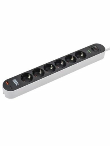 Фильтр сетевой 6-мест 1,5м ПВС 3*1,5 черный выкл IEK USB A+C