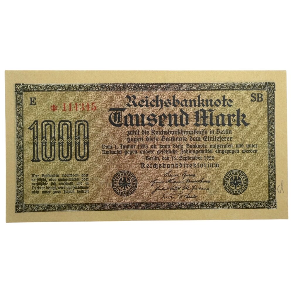 Веймарская республика (Германия) 1000 марок 1922 г. (ВЗ - Шипы, I) (Литера SB) (Серия E*)