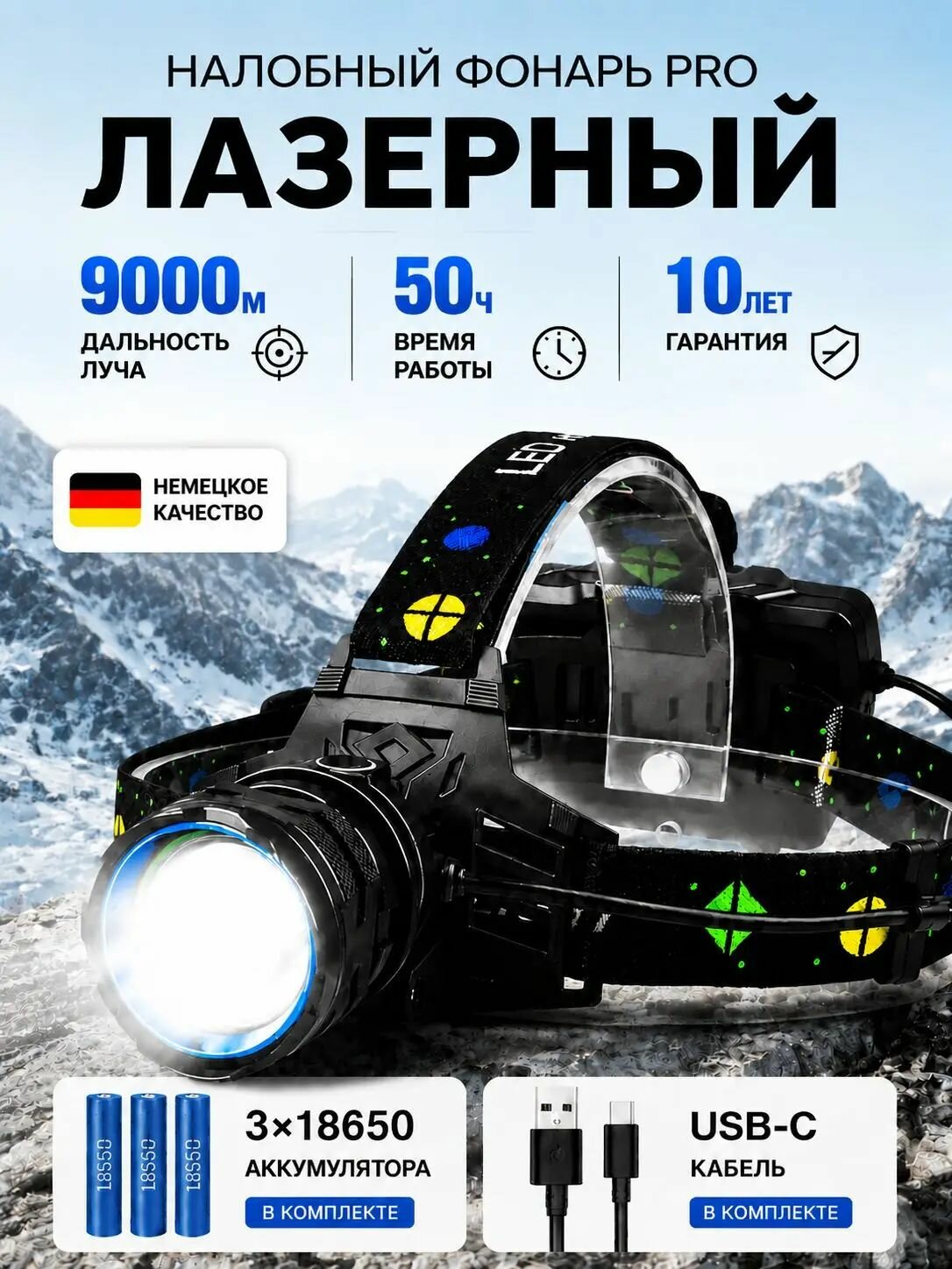 Яркий налобный фонарь с USB-C зарядкой и автономностью до 50 часов