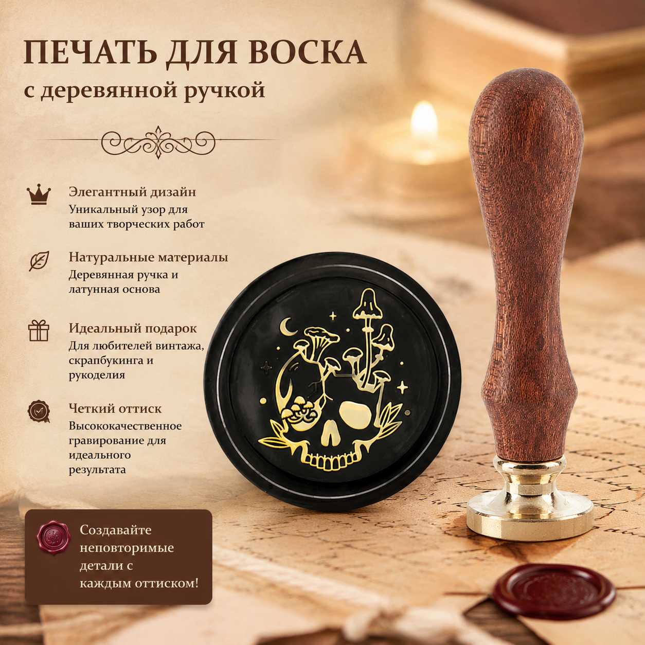 Печать для сургуча Череп, деревянная ручка, латунный штамп для писем, приглашений, открыток и подарков