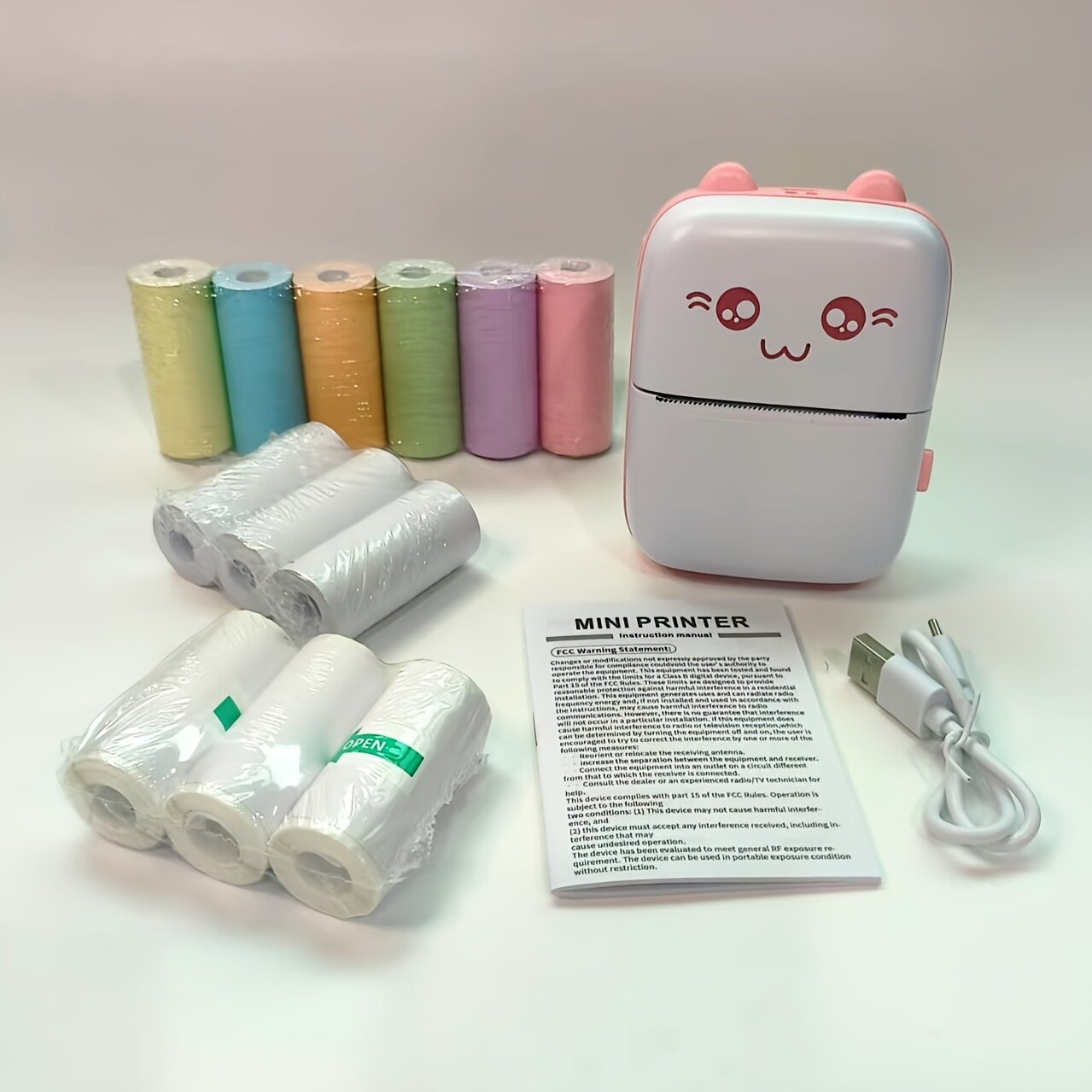 Портативный мини-беспроводной принтер для этикеток, 200dpi, USB-зарядка, розовый, в комплекте 12 рулонов термобумаги, для печати текста, заметок, фото, списков дел