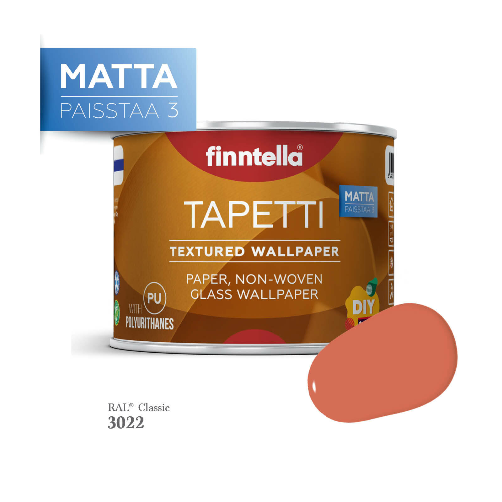 Матовая краска для обоев под окраску TAPETTI Matta FINNTELLA, Цвет RAL 3022 Лососево-красный (Salmon pink), 0,45л