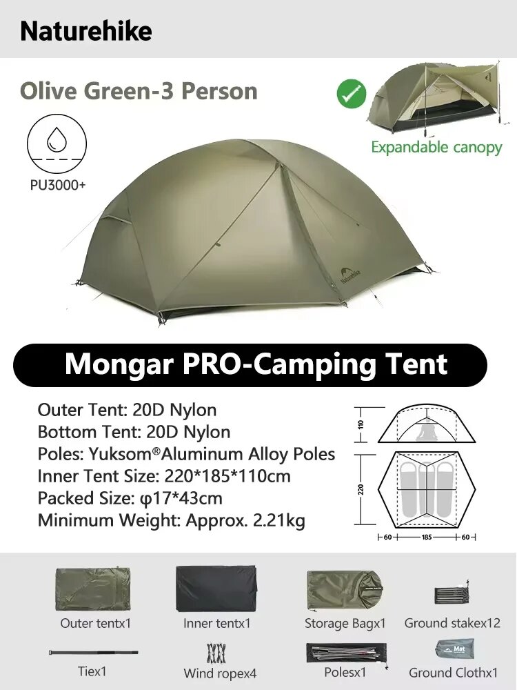 Naturehike Mongar PRO 3P Olive green палатка