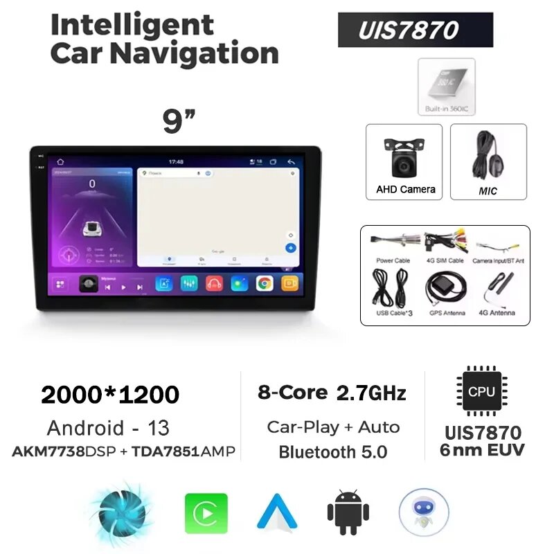 8-ядерный автомобильный мультимедийный проигрыватель Android 13 с 12+256 ГБ памяти, 5G Wi-Fi, CarPlay и Android Auto, GPS, DSP, Bluetooth