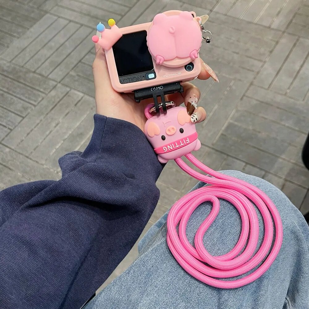 Силиконовый чехол для DJI Osmo Action 6 с милым бантиком и мультяшным рисунком, противоударный с длинным ремешком