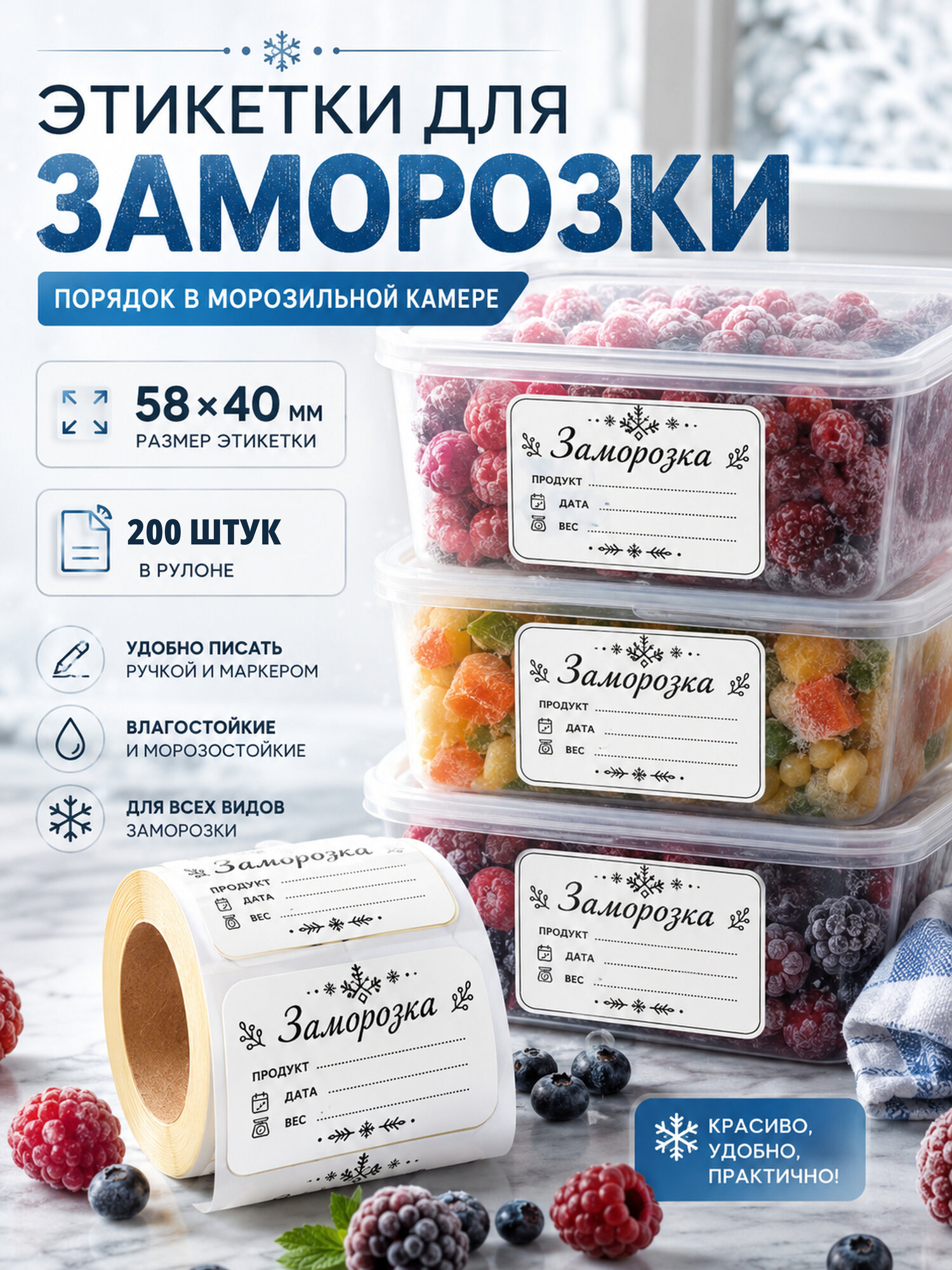 Наклейки HOMERAR, термоэтикетки, для заморозки и маркировки, 58x40 мм, 200 шт.