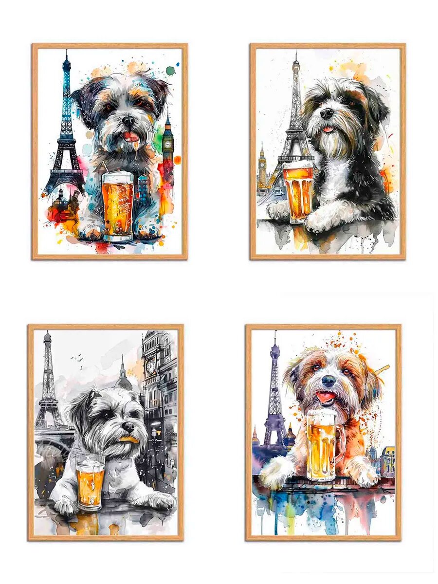 Тибетский терьер Пьет Пиво, 4 Плаката, 30x21см
