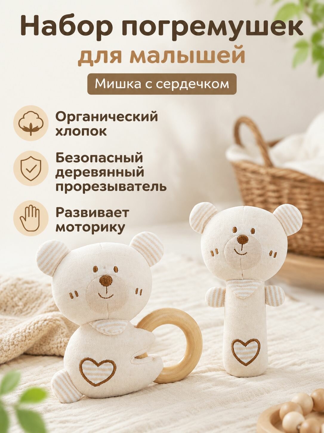Комплект погремушек для новорожденных из 2 предметов: мишка с деревянным прорезывателем и полосатая палочка-хваташка, органический хлопок