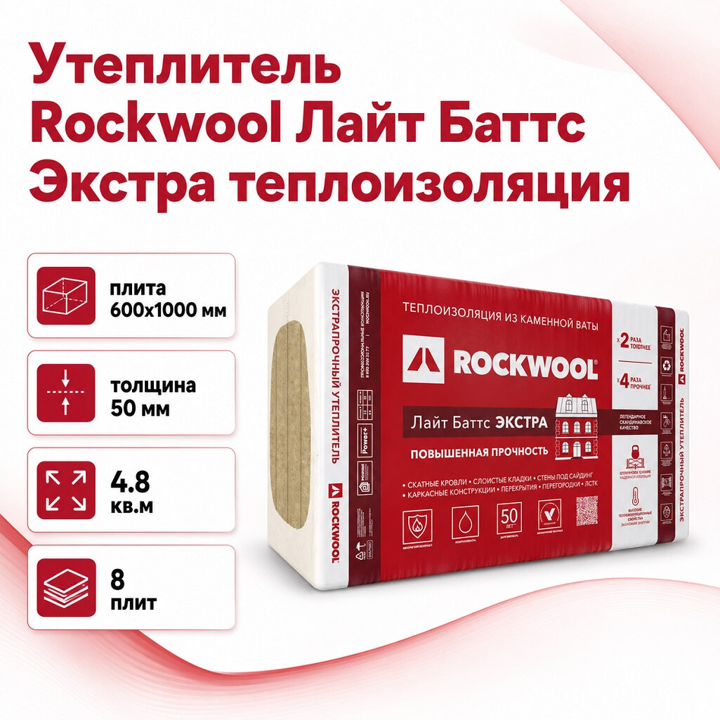 Утеплитель Rockwool Лайт Баттс Экстра 50х600х1000 мм, 4.8 кв. м, 8 плит, для кровли, перекрытий, стен