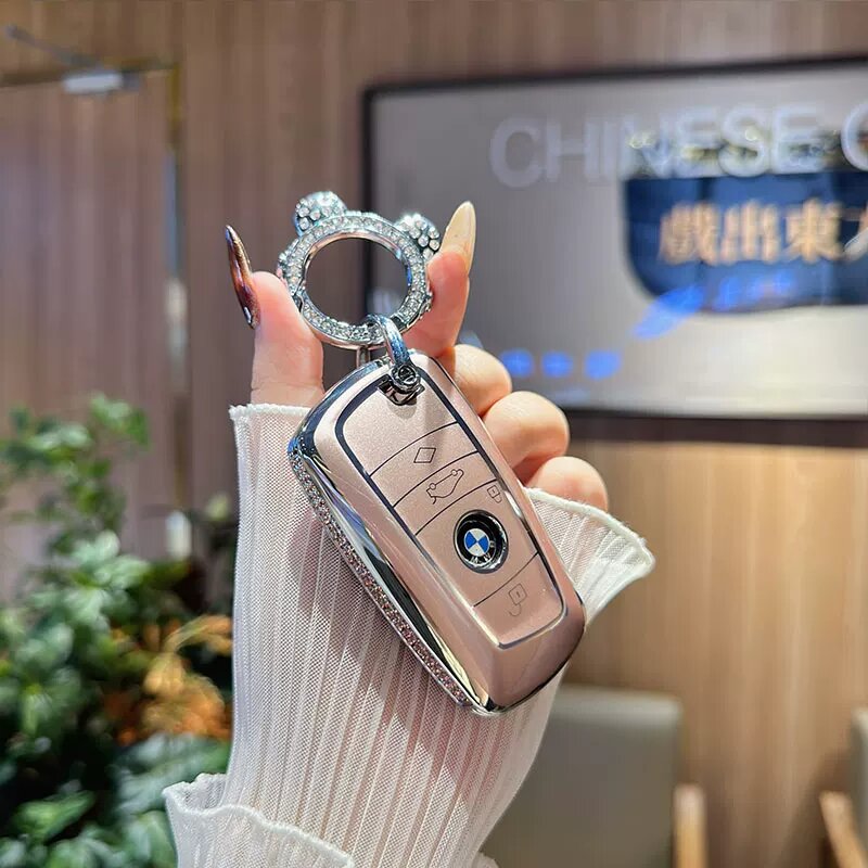 Чехол для ключа BMW с боковым стразами — песочный розовый, розовый кольцо Микки-Маус