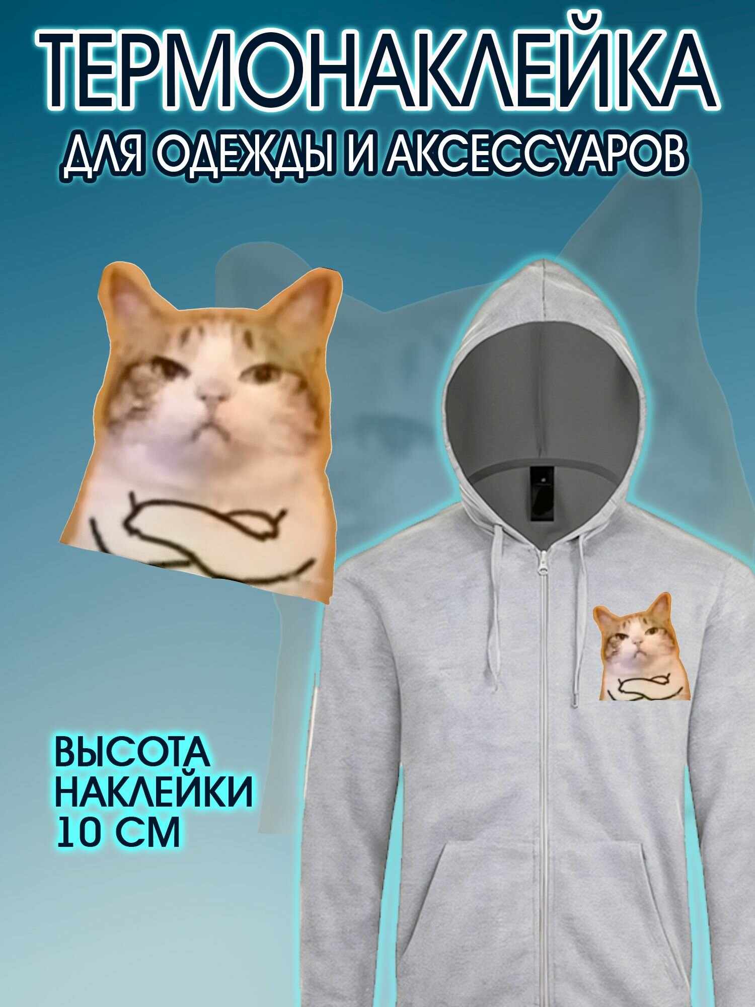 Термонаклейка для одежды 10 см мем кот