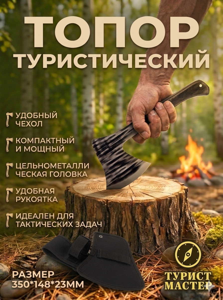 Топор туристический 35 см с чехлом, цельная рукоять, резиновые накладки, сталь, 350х148х23 мм
