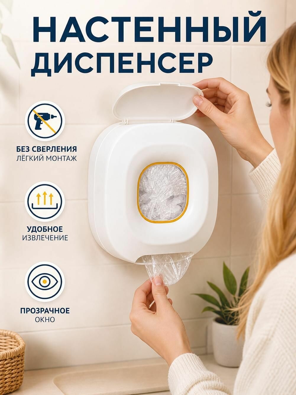 Диспенсер для гигиенических пакетов настенный, с прозрачным окном, белый