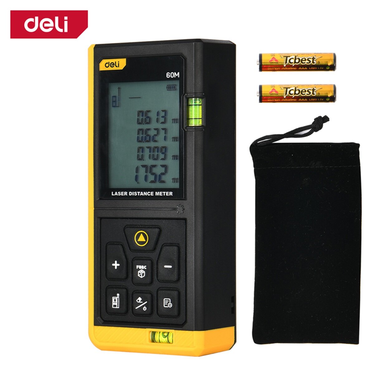 Лазерный дальномер Deli DL4168 (Диапазон измерения 0,05-60м, точность 3мм, дисплей 1,7 дюймов, авто. отключение)
