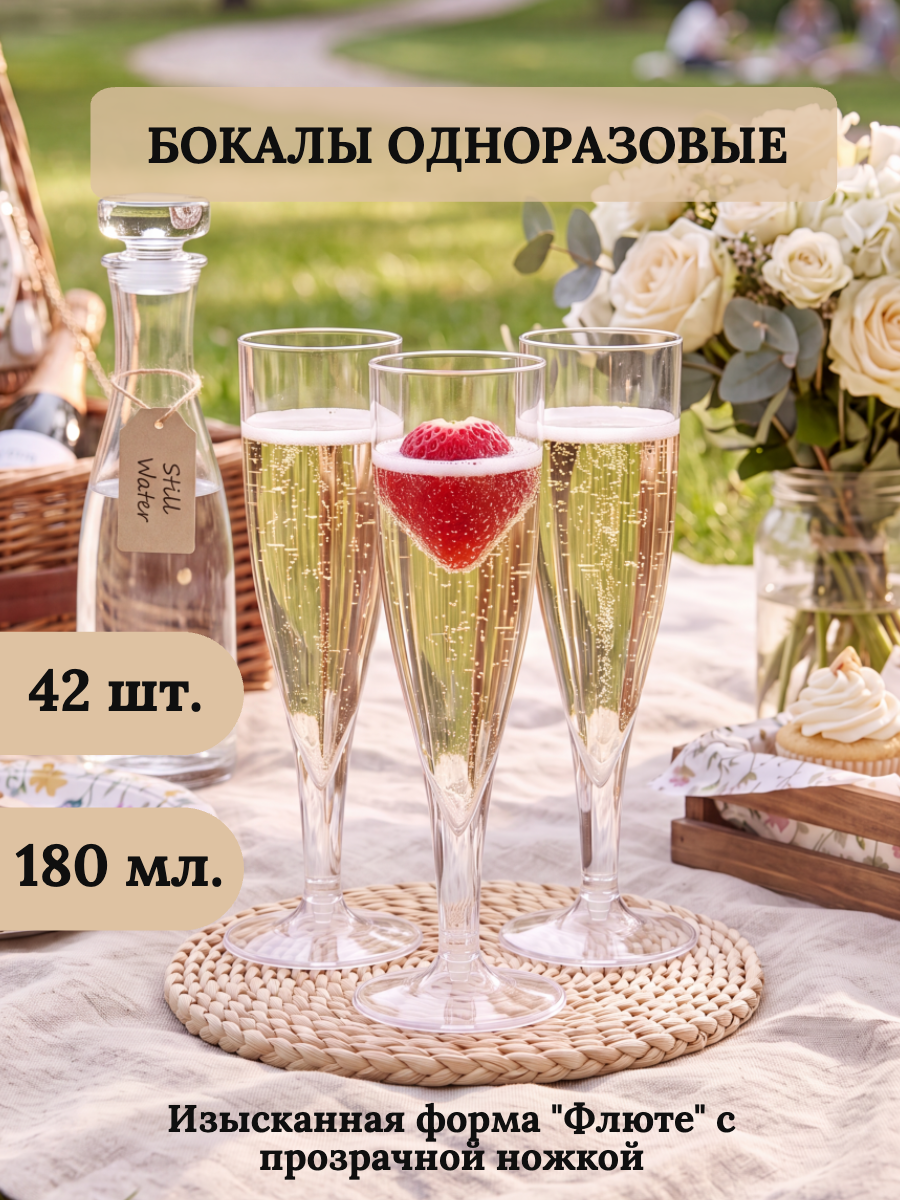 Бокалы одноразовые для вина шампанского пластиковые фужеры посуда для праздника набор 42 шт 180мл для пикника на свадьбу